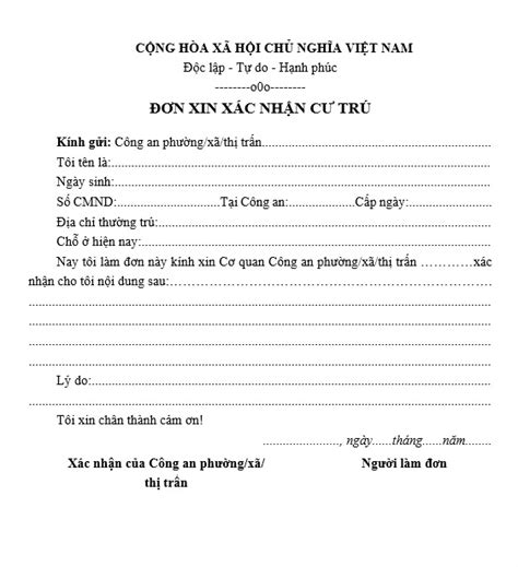 Mẫu đơn Xin Xác Nhận Nơi Cư Trú Mới Nhất đúng Quy định