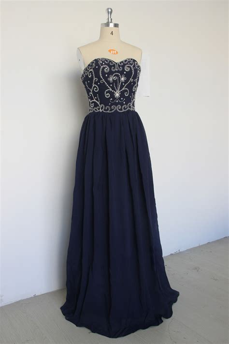 Exquisite Long Dark Navy Prom Gowns Floor Length Sweetheart Chiffon