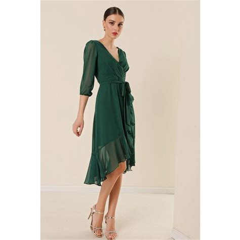 By Saygı Double Breasted Chiffon Dress With A Plunging Neck Belted