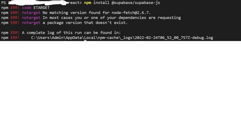 npm err notarget no matching version found for node fetch 2 6 7