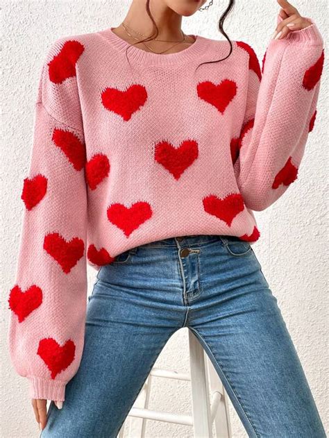 Heart Pattern Drop Shoulder Sweater Shein Usa