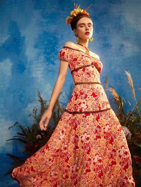 Frida Kahlo X Shein X Designer Floral Print Off Shoulder Lace Trim