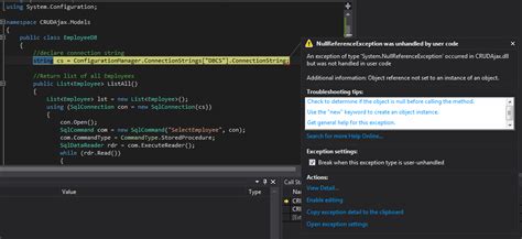 c asp mvc system nullreferenceexception was unhandled by user code