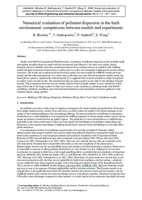 Pdf Numerical Evaluation Of Pollutant Dispersion In The Built