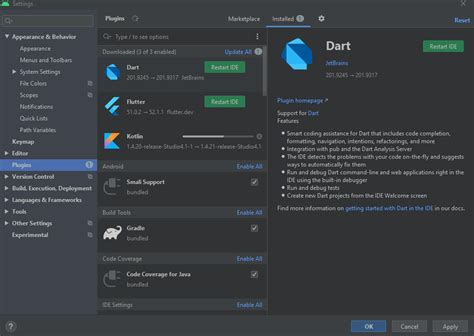 flutter and dart plugin not installed warnings in flutter