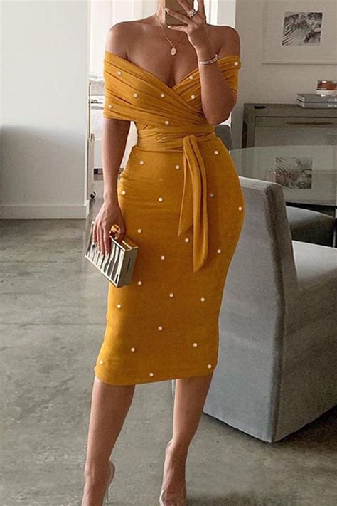 Yellow Fashion Sexy Bandage Beading Fold Off The Shoulder Short Sleeve