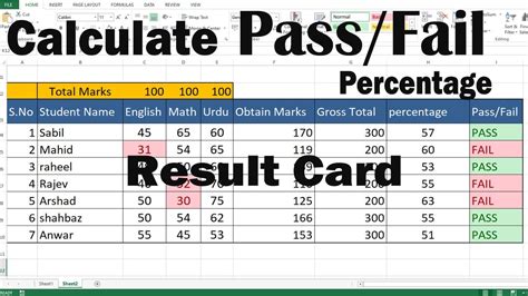 calculate pass fail and percentage in excel by learning center in