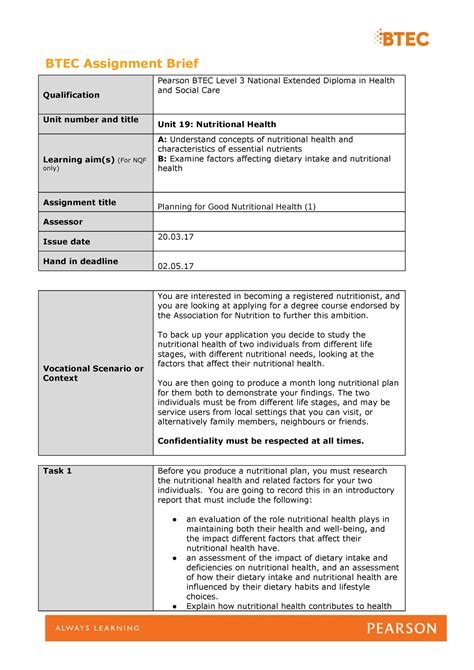 Unit 19 Sa 1 Btec Assignment Brief Qualification Pearson Btec Level 3