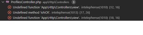php undefined functions methods intelephense 1013 laravel