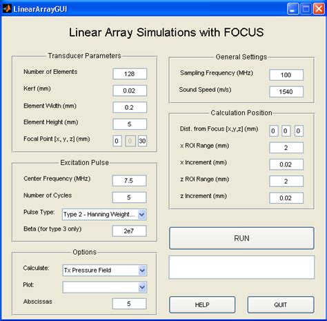 graphical user interface for linear array simulations using focus