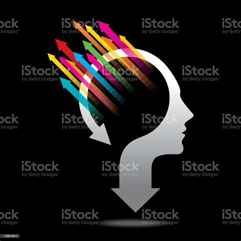 abstract head and arrows representing thoughts and opinions stock