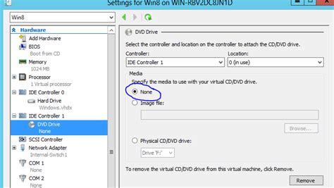 how to remove disconnect iso image file from virtual machine in hyper v