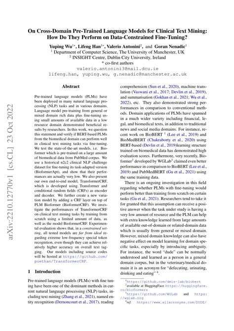Pdf On Cross Domain Pre Trained Language Models For Clinical Text