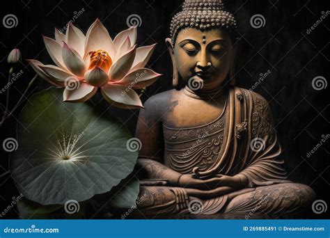 Spiritual Buddha Statue Meditating With Lotus Flower Buddhist Religion