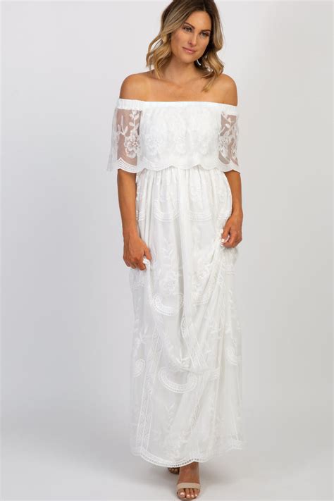 White Lace Mesh Overlay Off Shoulder Maternity Maxi Dress Pinkblush