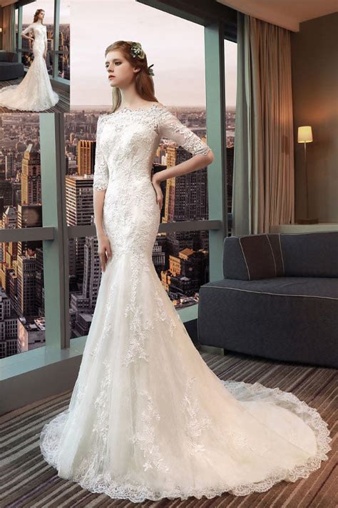 Off The Shoulder 1 2 Sleeves Lace Applique Wedding Dresses Angrila