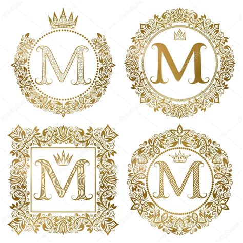 Conjunto Vintage Monogramas De Oro Letra M Escudos Heráldicos Marcos