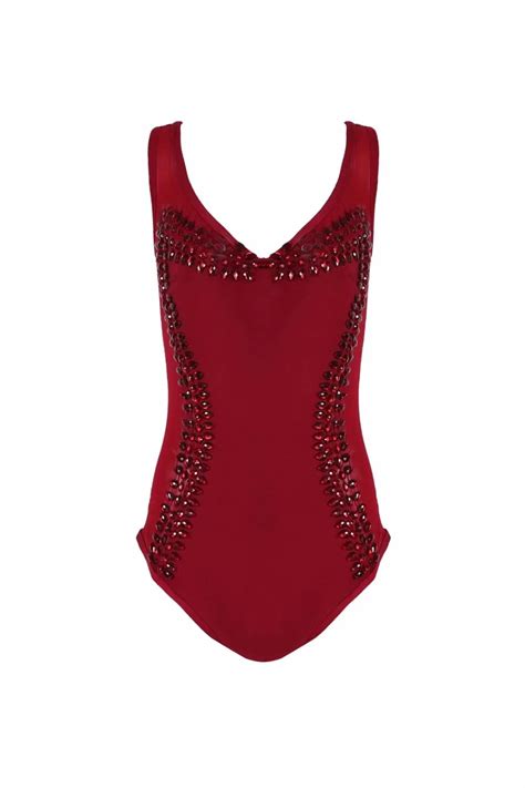 High Quality Summer V Neck Beading Bandage Bodysuits Solid Wine Red