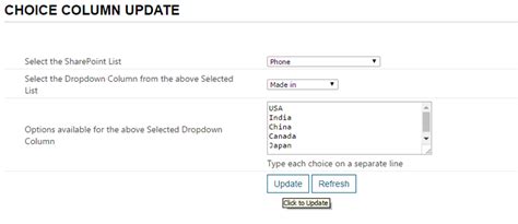 how to get all the sharepoint choice columns to update choice options