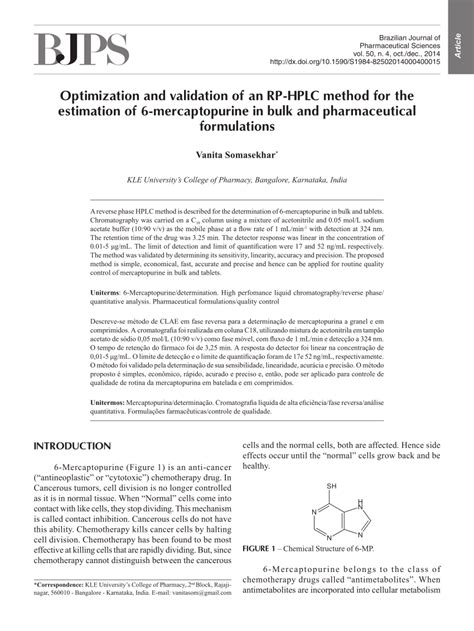 Pdf Optimization And Validation Of An Rp Hplc Method For The