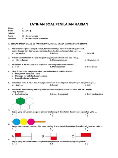 Soal Tematik Kelas 2 Sd Tema 7 Subtema 2 Kebersamaan Di Sekolah Dan
