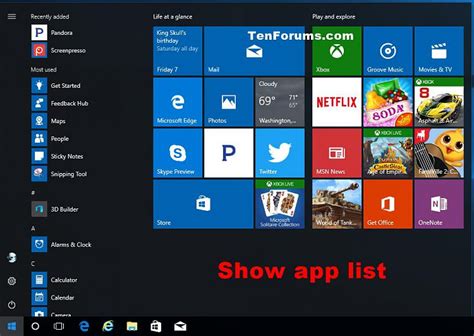 start menu app list hide or show in windows 10 windows 10 tutorials