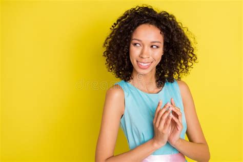 Photo Of Curious Curly Hairdo Millennial Lady Hands Look Empty Space