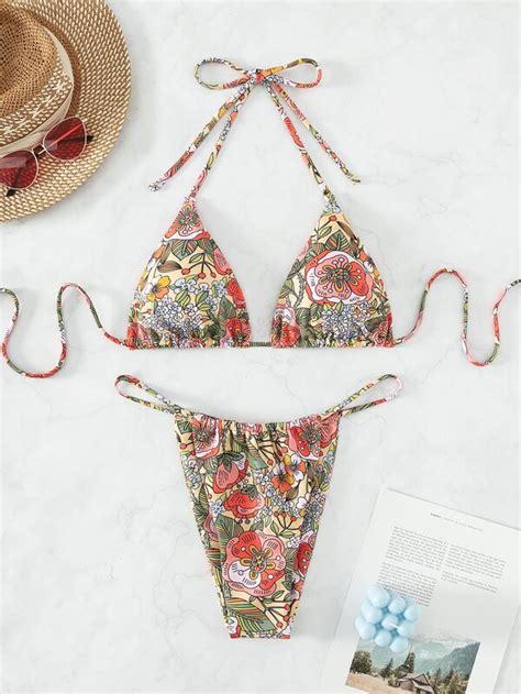 Shein Swim Mod Floral Print Bikini Set Halter Triangle Bra And Thong