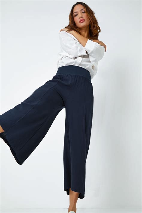 Denim Linen Blend Stretch Waist Culottes Roman Uk