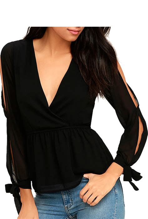 New Arrival Women Sexy Deep V Neck Ruffle Blouses Elegant Black Long