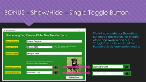 password validation with show hide buttons passy world