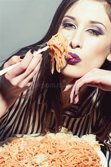 Young Beautiful Woman Eating Spaghetti On Plate Stock Image Image Of