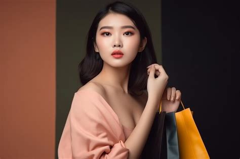 Premium Photo Beautiful Asian Woman Holding Colored Shopping Bags