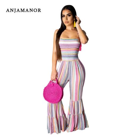 Anjamanor Colorful Striped Smocked Boot Cut Jumpsuit Women Summer