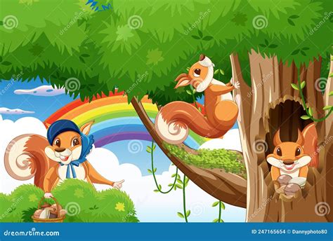 Scene With Squirrels In Forest Stock Vector Illustration Of Trees