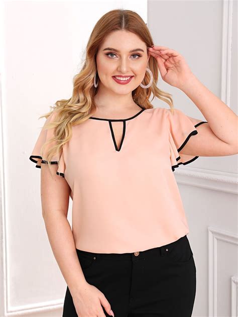 Ad Plus Contrast Binding Flutter Sleeve Peekaboo Top Tags Regular