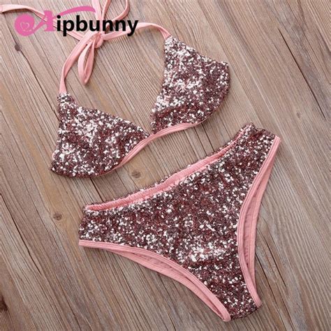 Aipbunny 2018 Sexy Pink Sequins Paillette Mayo Halter Bikinis Women