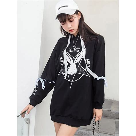 Women Goth Hoodies Casual Hip Hop Ol Punk Plus Size Korean Style Loose