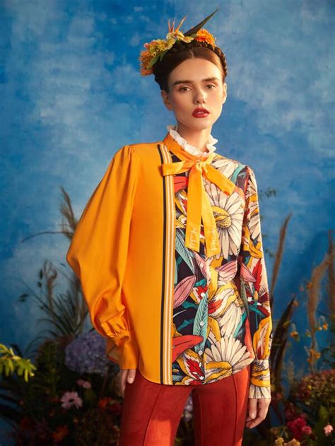 Frida Kahlo X Shein X Designer Close Ties Tie Neck Floral Print Bishop