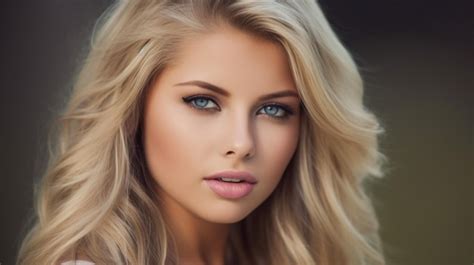 A Woman With Blonde Hair And Blue Eyes Looks Into The Camera Premium