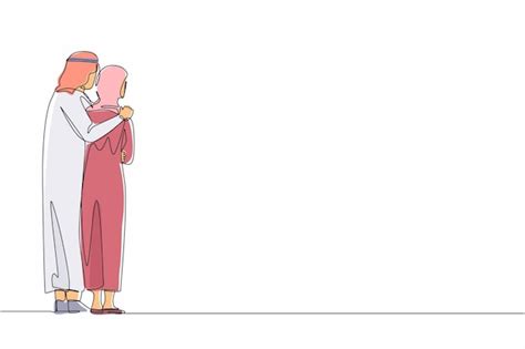 Premium Vector Single One Line Drawing Back View Happy Arab Man Woman