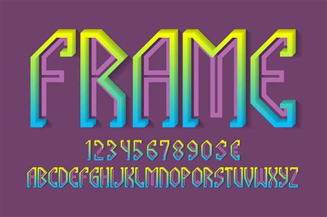 Alfabet Bingkai Volumetrik Dengan Angka Dan Tanda Mata Uang Font
