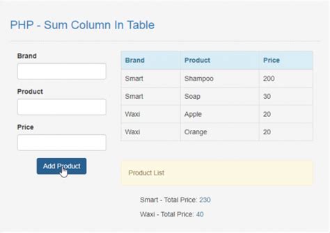 php sum column in table source code free source code and tutorials