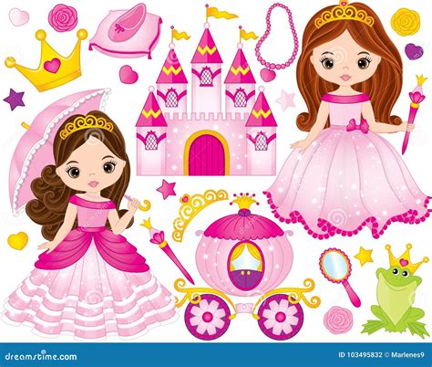 Vector Set Of Beautiful Princesses And Fairytale Elements Stock Vector