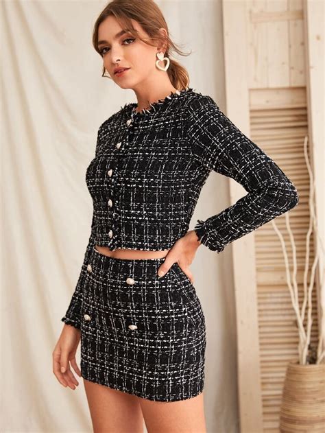 Raw Trim Tweed Jacket And Button Detail Skirt Set Shein Usa Tweed