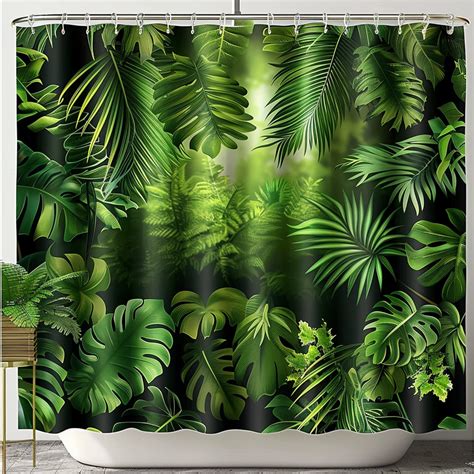 Tropical Rainforest Leaves Green Bathroom Curtain Hyper Realistic