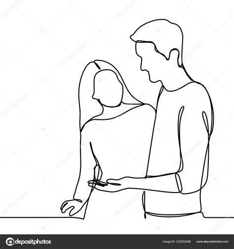 Continuous Line Drawing Couple Conversation Man Women Take Negotiation