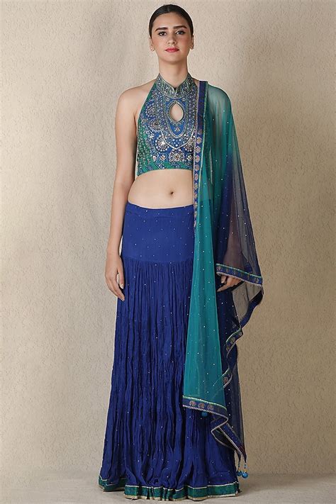 Royal Blue And Jade Embroidered Lehenga Set Design By Ri Ritu Kumar At