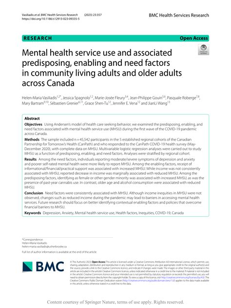 Pdf Mental Health Service Use And Associated Predisposing Enabling