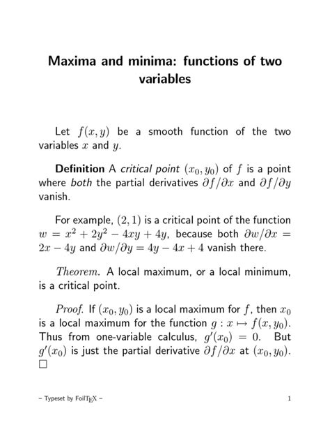 maxima and minima functions of two variables typeset by foiltex 1